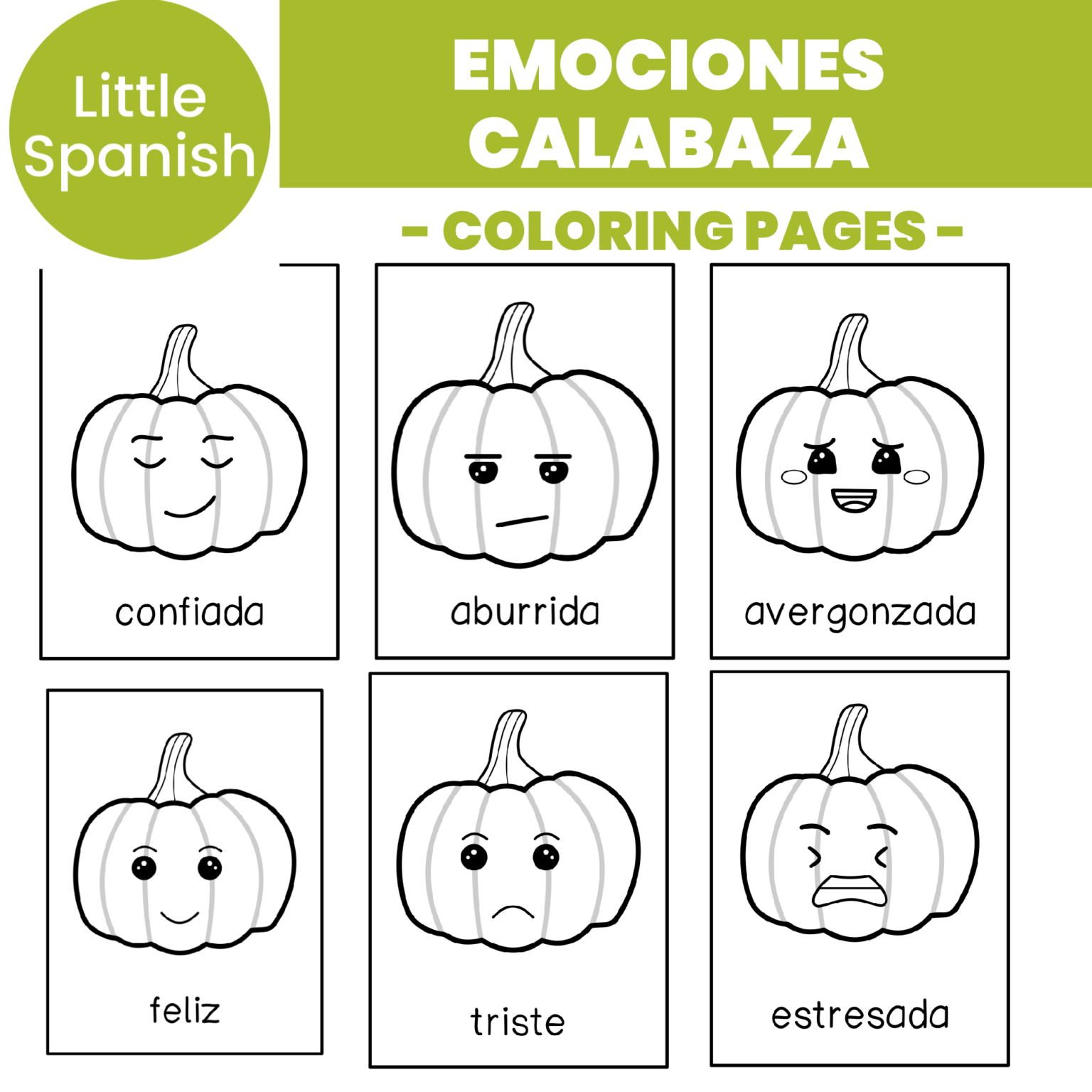 Halloween emotions coloring pages - Little Spanish